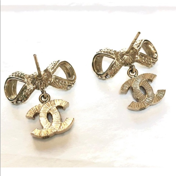 CHANEL | Jewelry | Authentic Crystal Cc Ribbon Bow Dangle 3s Stud ...